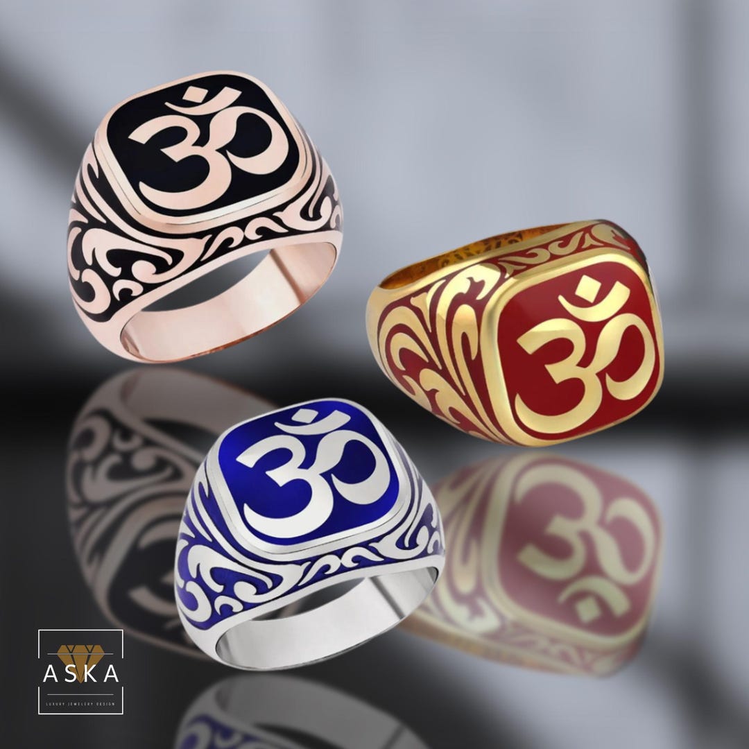 925 Sterling Silver Enamel Om Symbol Seal Ring, Meditation Rings for ...