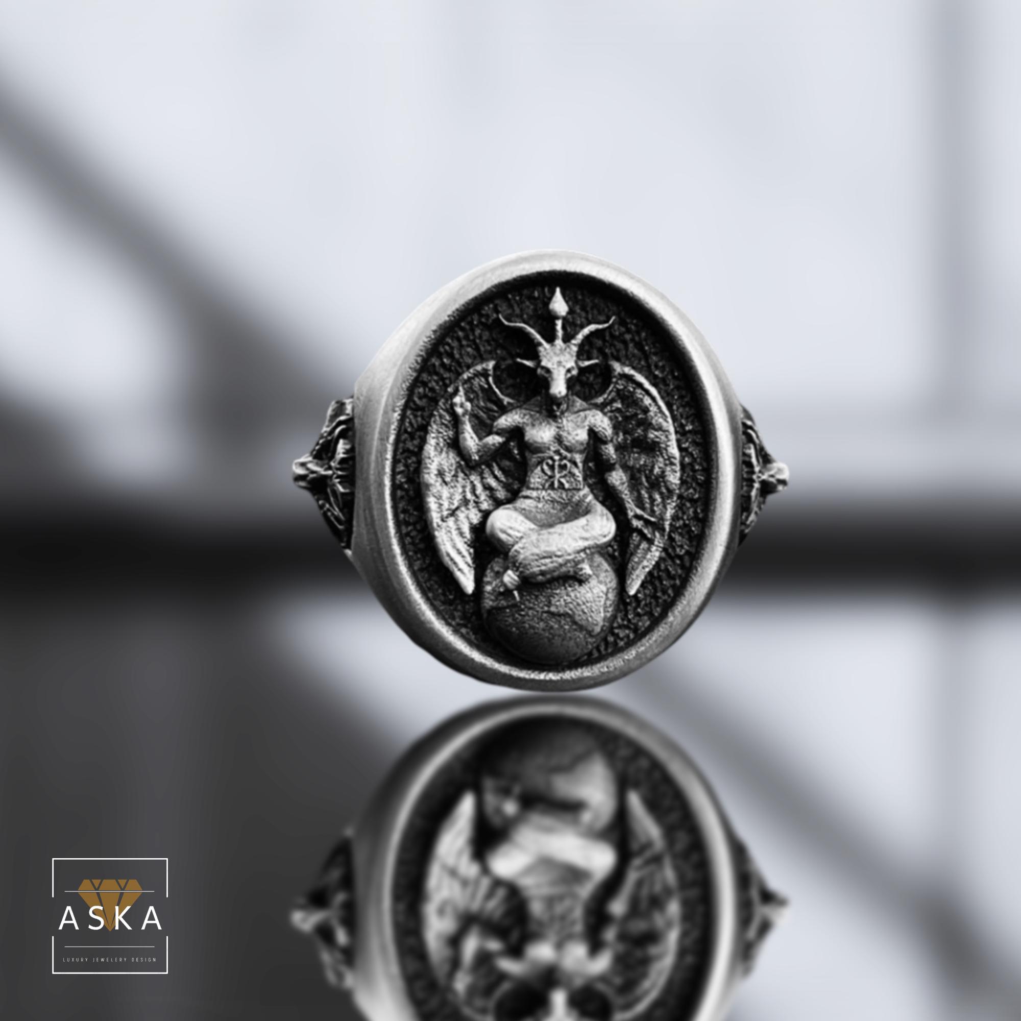 Baphomet Goat Headed Devil Winged Man Silver Ring, Baphomet Goat Head ...