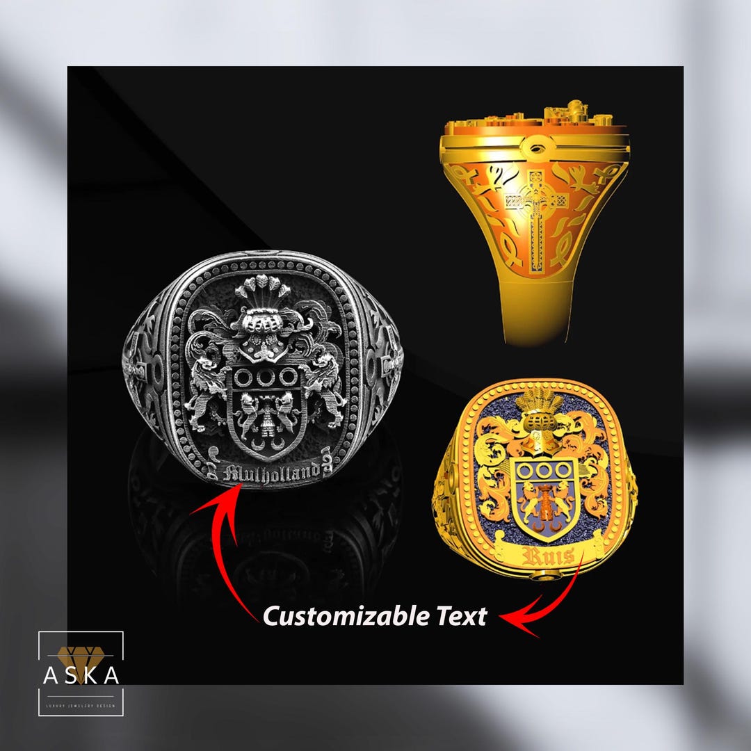 Custom Coat of Arms Family Silver Rings for Men Personalized Heraldic ...