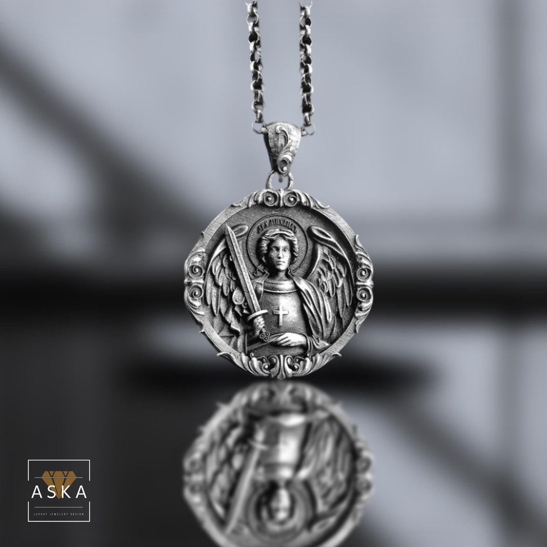 Silver Saint Michael Shield Archangel Amulet Medallion Necklace, St ...