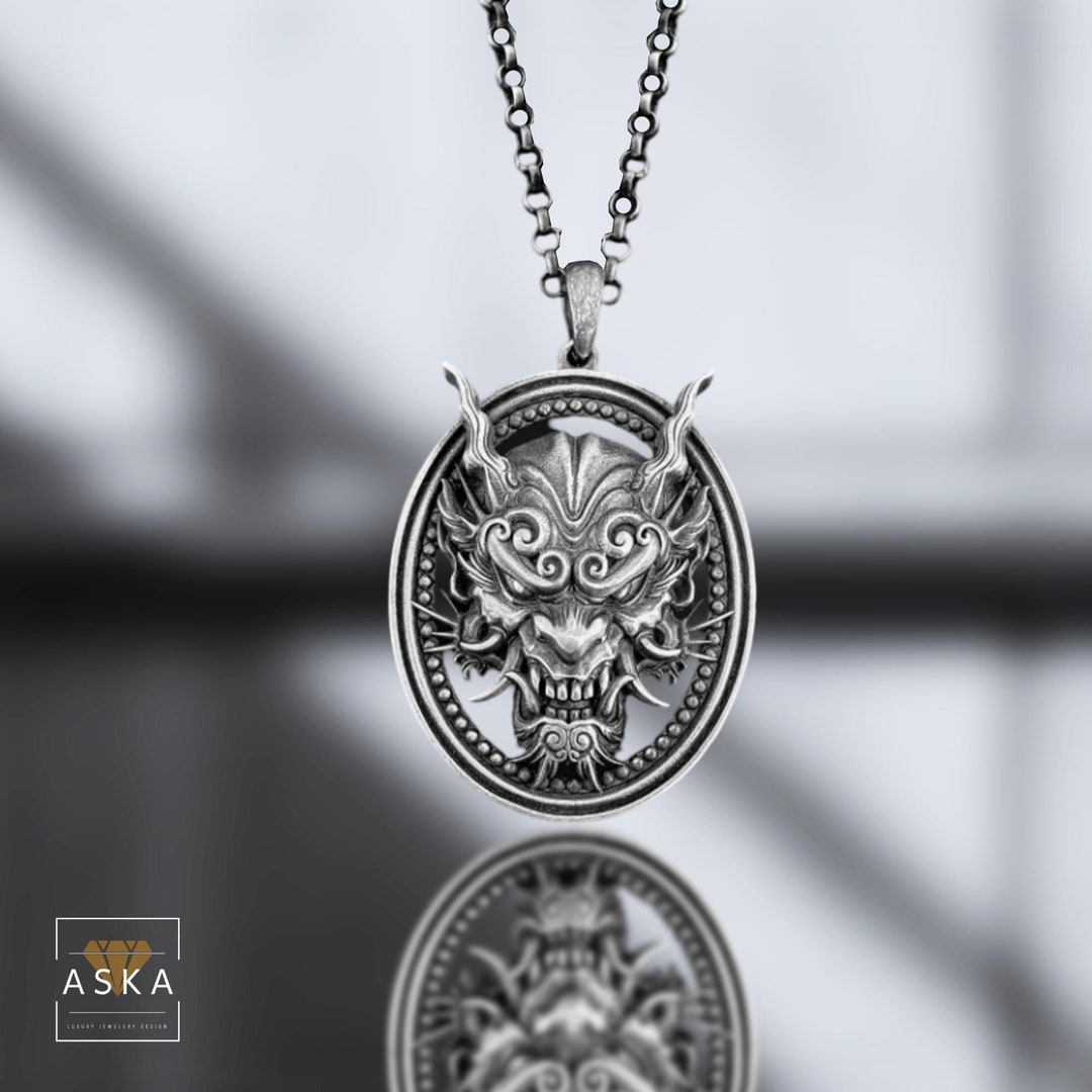 Japanese Art Oni Mask Necklace for Boyfriend, Oni Gost Pendant Japanese ...