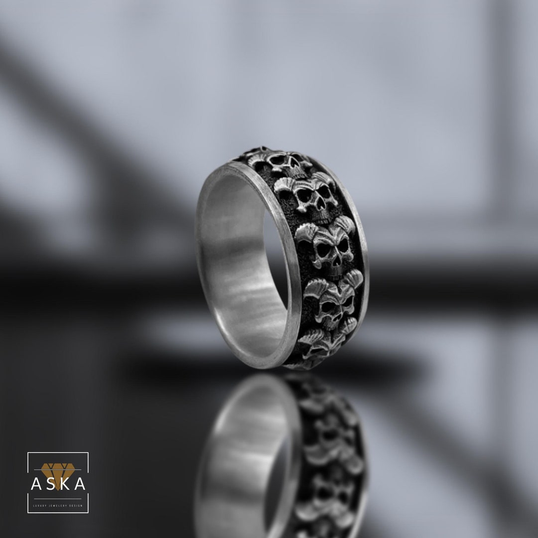 Satanic Skull Wedding Band Ring for Men, Vintage Goth Engagement Ring ...