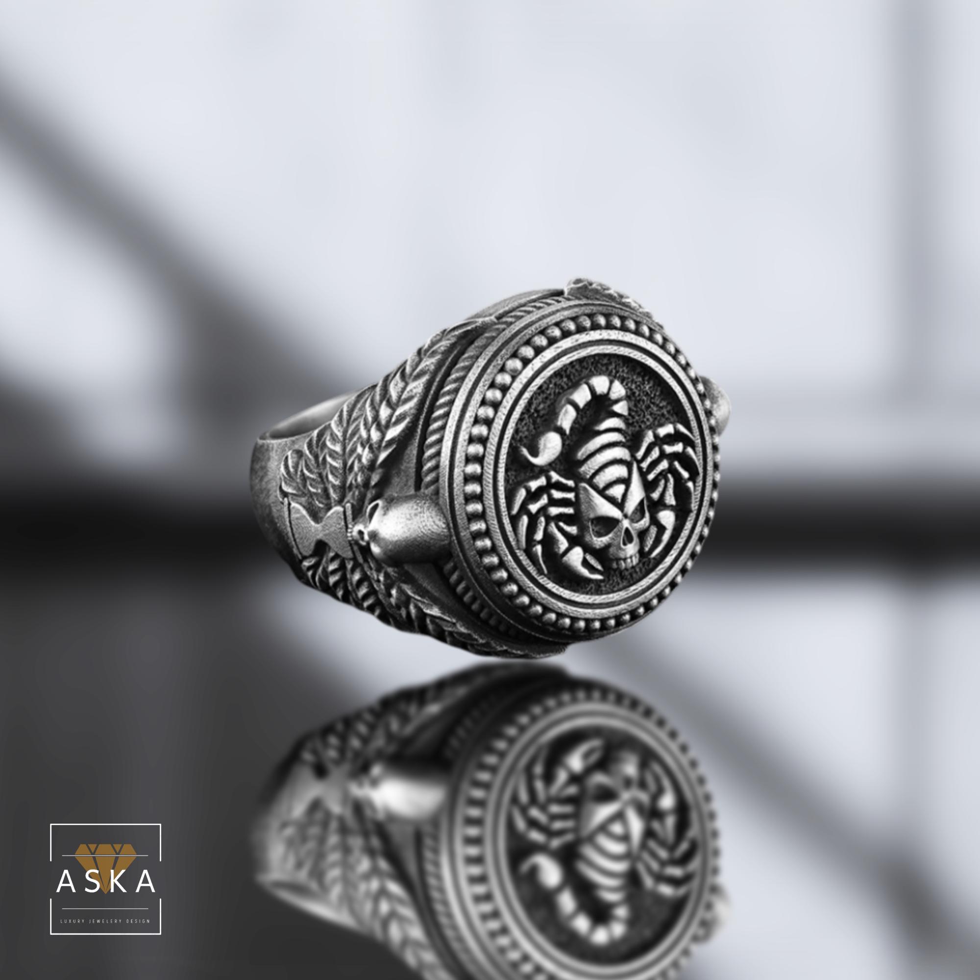 Memento Mori Scorpio Ring for Him, Engraved Signet Ring for Men ...