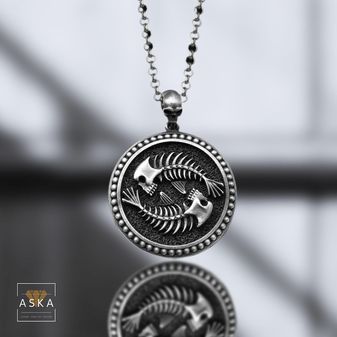 Memento Mori Pisces Silver Necklace: Gothic Fish Skeleton Zodiac Coin ...