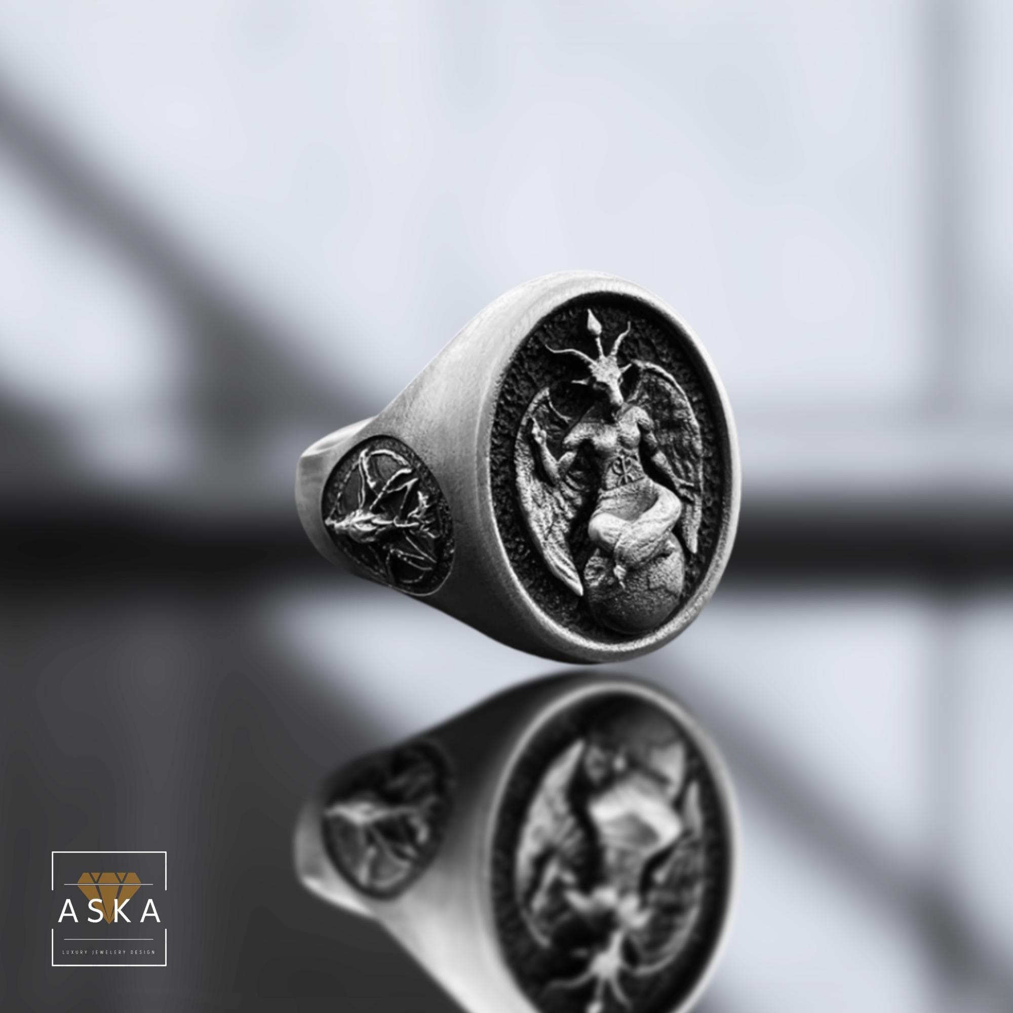 Baphomet Goat Headed Devil Winged Man Silver Ring, Baphomet Goat Head ...