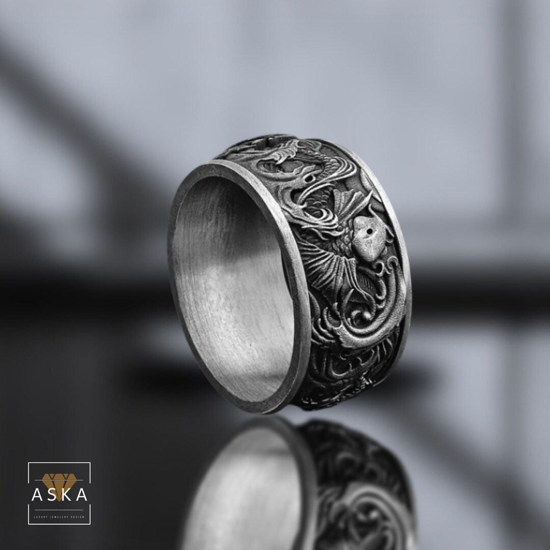 Koi Fish Ring: Sterling Silver Carp and Waves Band, Japanese Symbol - Etsy