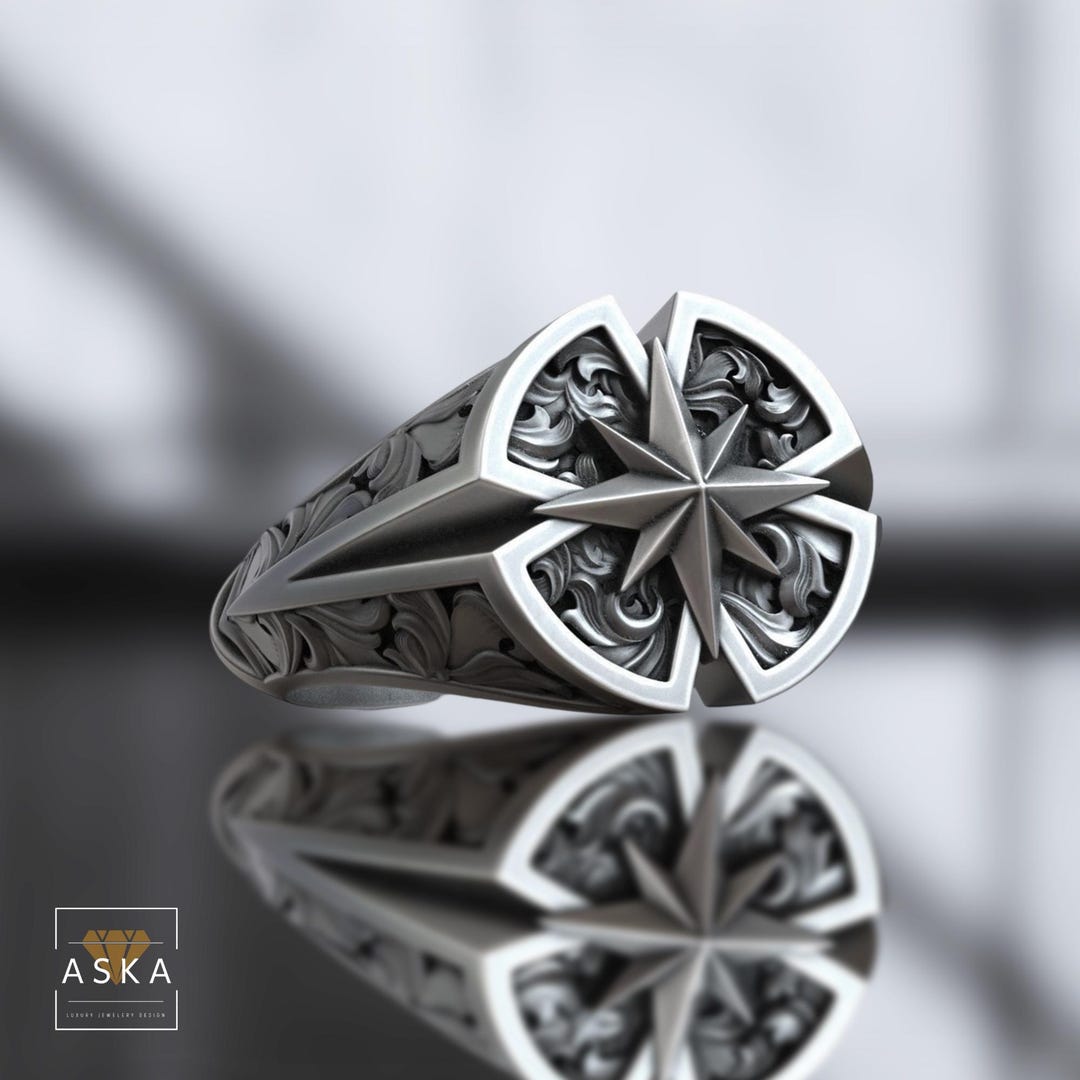 Oxidized Sterling Silver Compass Rose Ring - Adjustable Nautical Jewelry - Etsy
