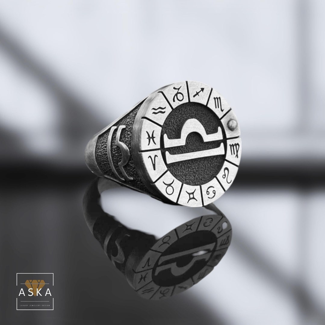 Libra Engraved Signet Ring for Men, Male Pinky Ring in Sterling Silver, Zodiac Sign Ring for ...