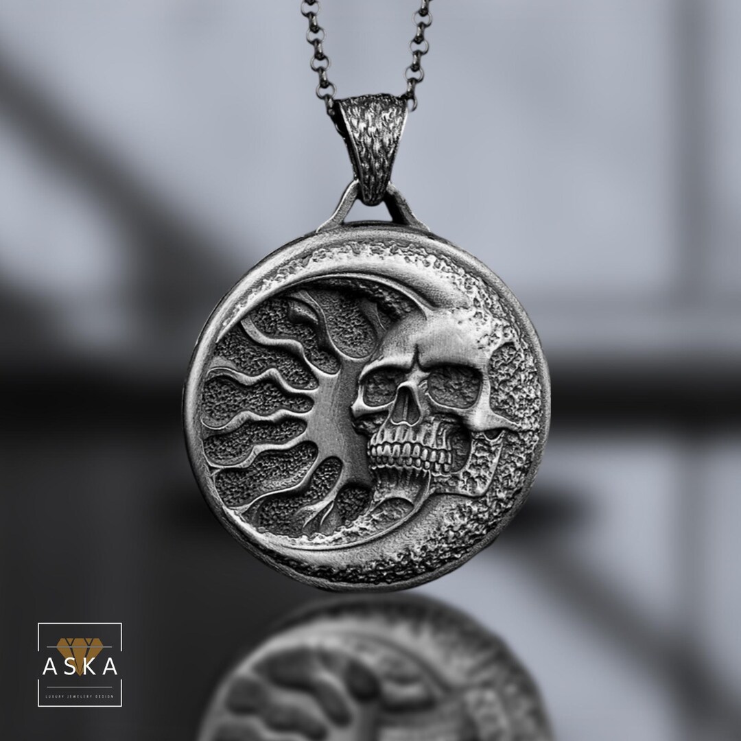 Handmade Sterling Silver Skull & Moon Pendant: Gothic Memento Mori ...
