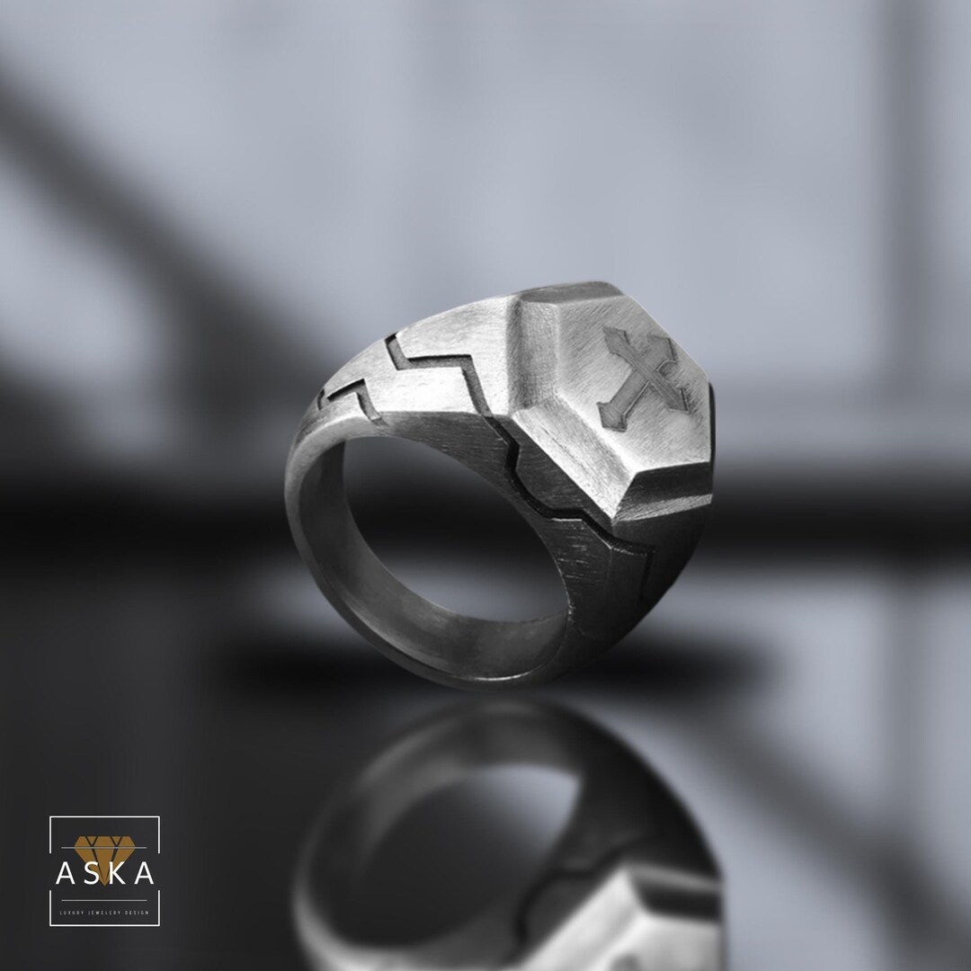 Silver Cross Men's Ring, Mens Cross Engraved Ring, Christian Rings for ...