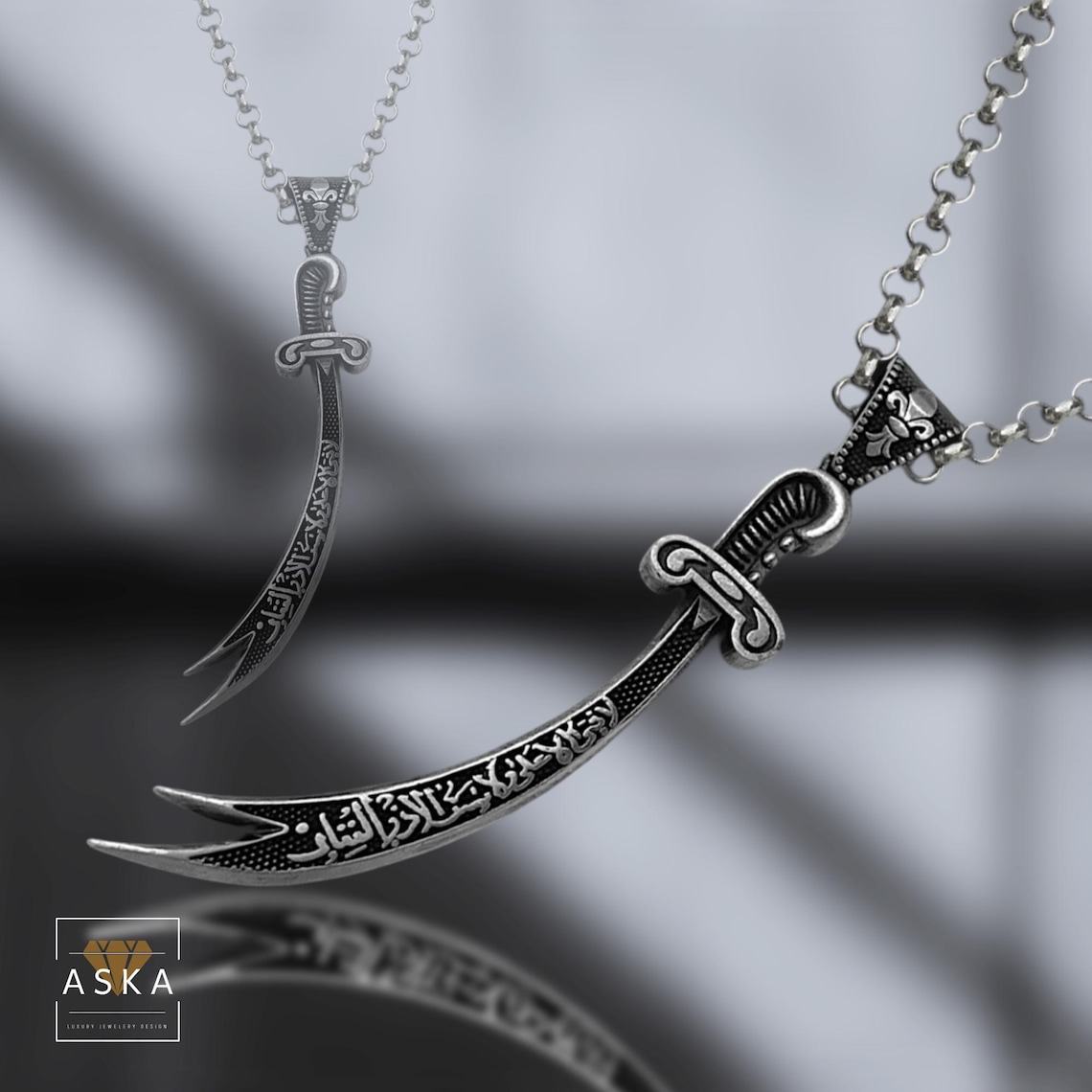 Religious Zulfiqar Sword Silver Necklace for Men, Arabic Imam Ali Sword ...