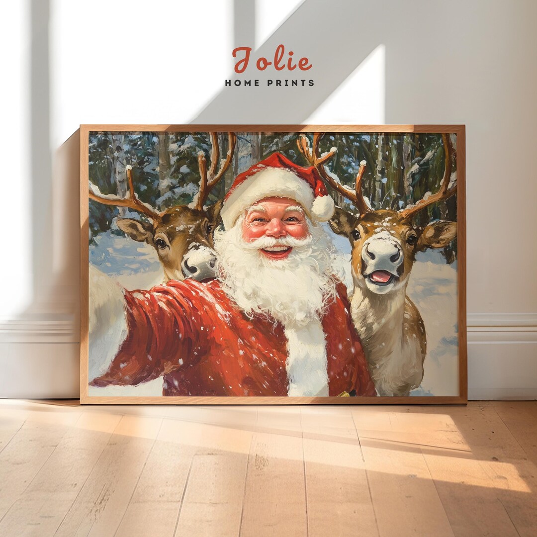 Vintage Christmas Santa and Reindeer Selfie Printable, Funny Santa ...