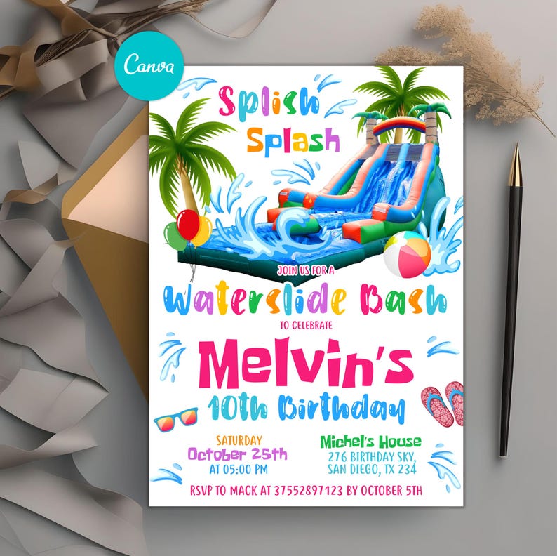 Editable Waterslide Birthday Invitation, Water Slide Bash Party Invite ...