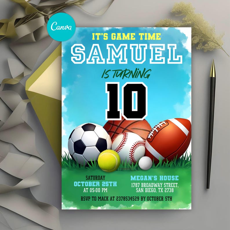 Editable Sports Invitation, All Star Sports Birthday Invitation, Sport ...