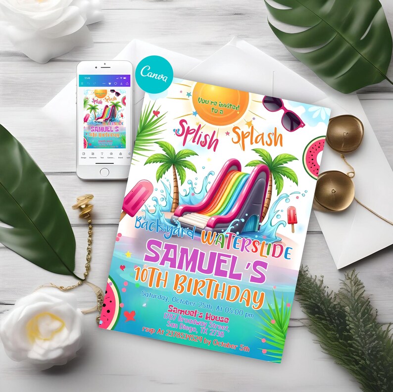Waterslide Birthday Invitation, Summer Pool Party Invite, Splash ...
