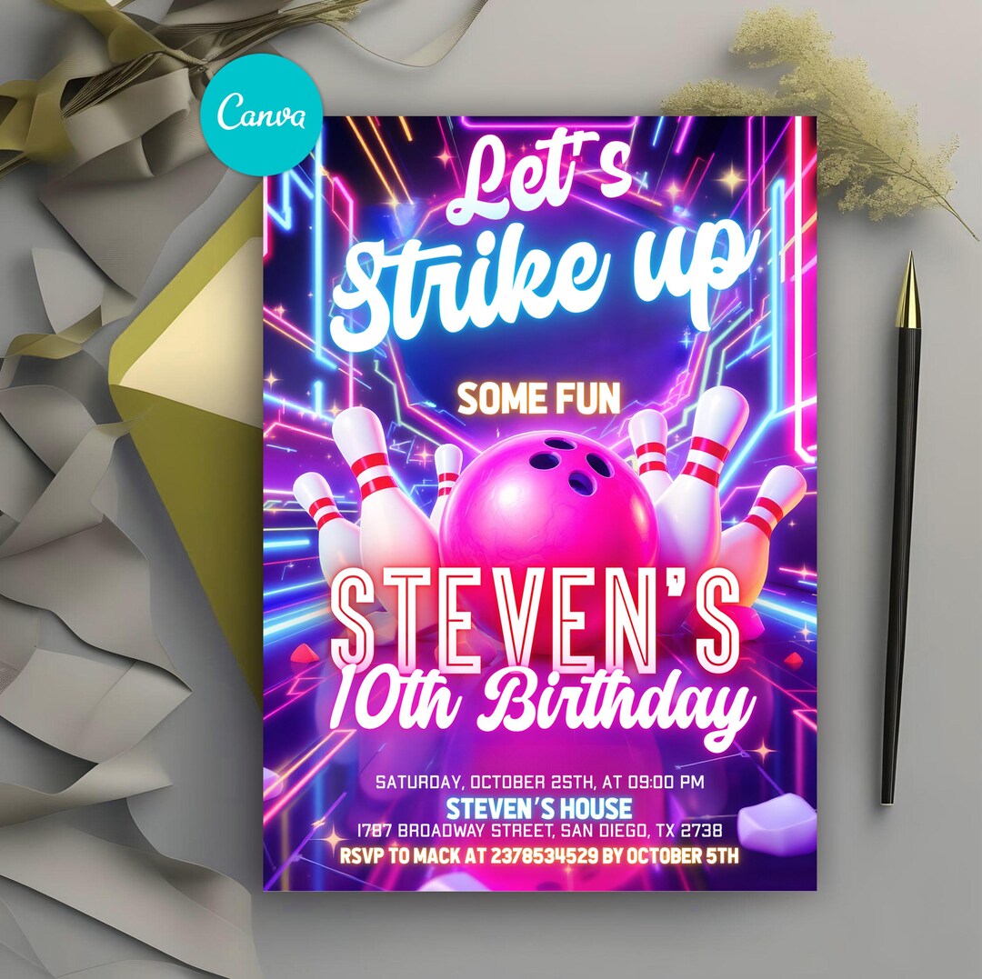 Editable Bowling Birthday Invitation, Pink Girls Party Invite, Let's ...