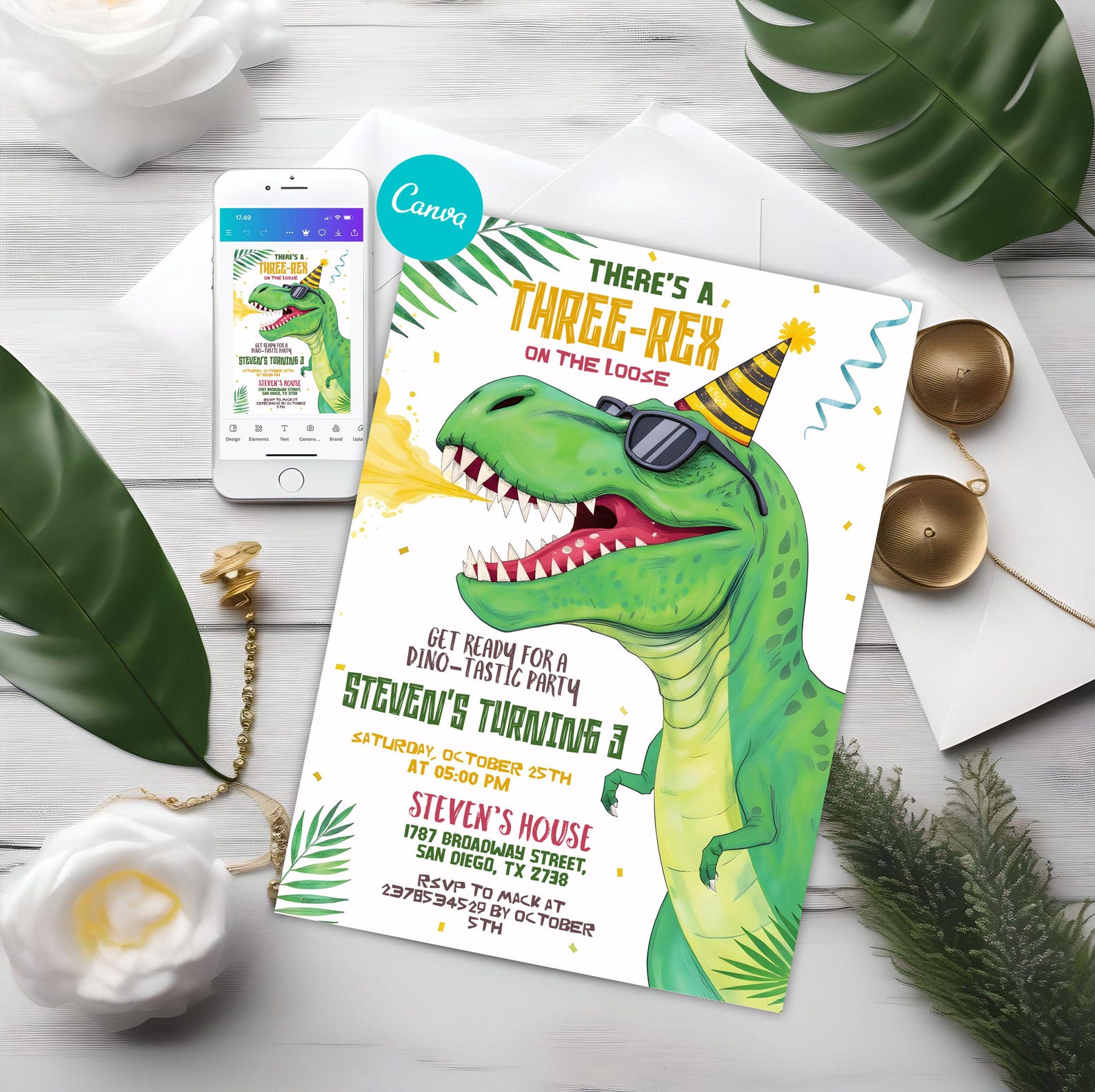 Three Rex Birthday Invitation, Editable Dino 3rd Birthday Invite, Boys ...