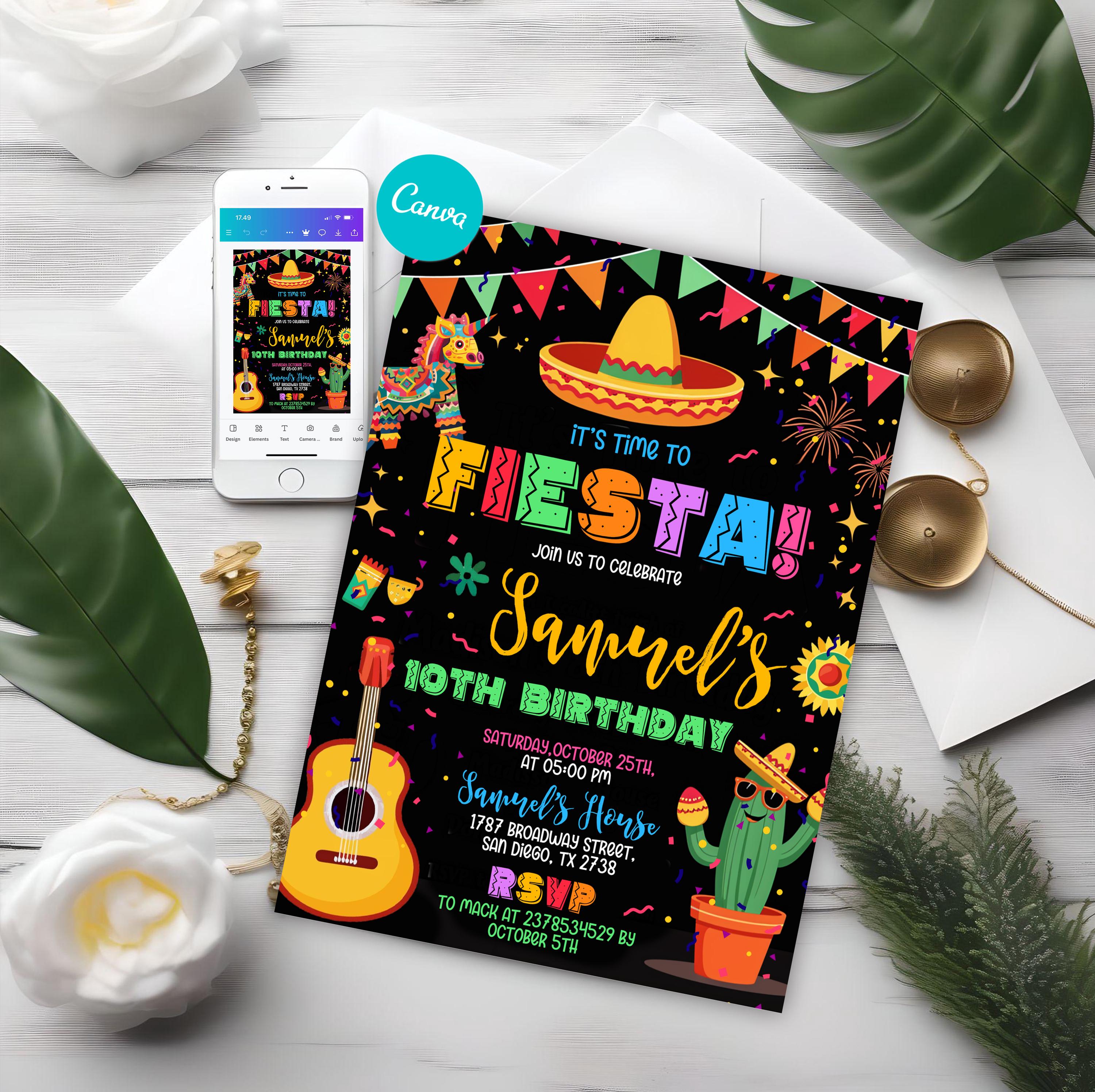 Fiesta Birthday Invitation, Mexican Theme Invitation, Mexican Papel ...