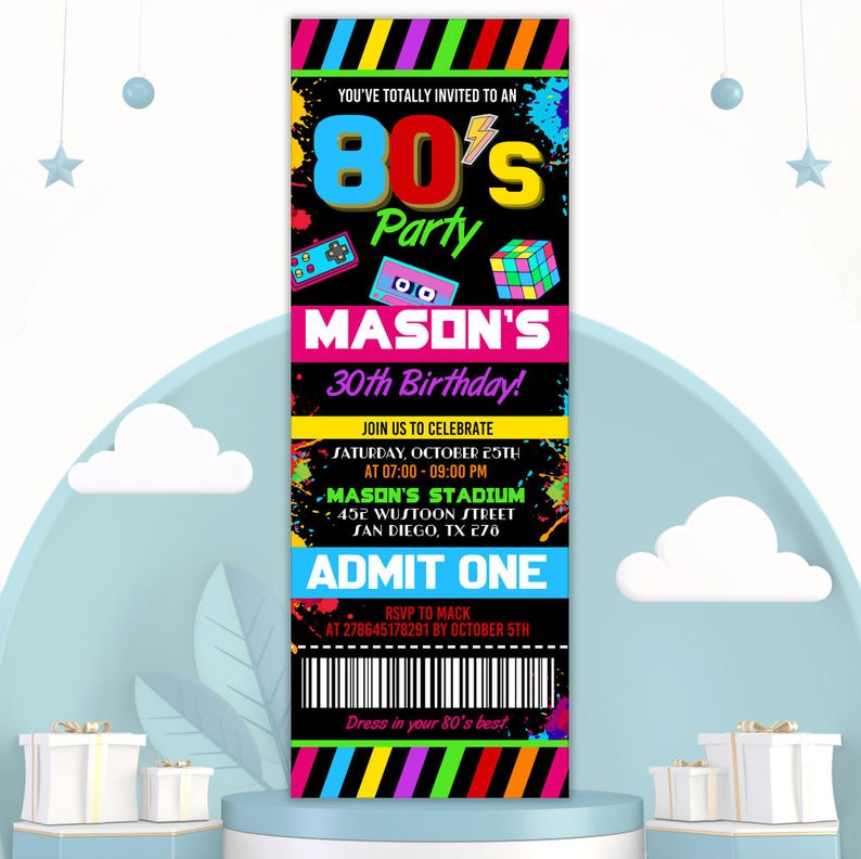 Editable 80s Party Invitation, 80s Ticket Invitation, 80s Birthday ...