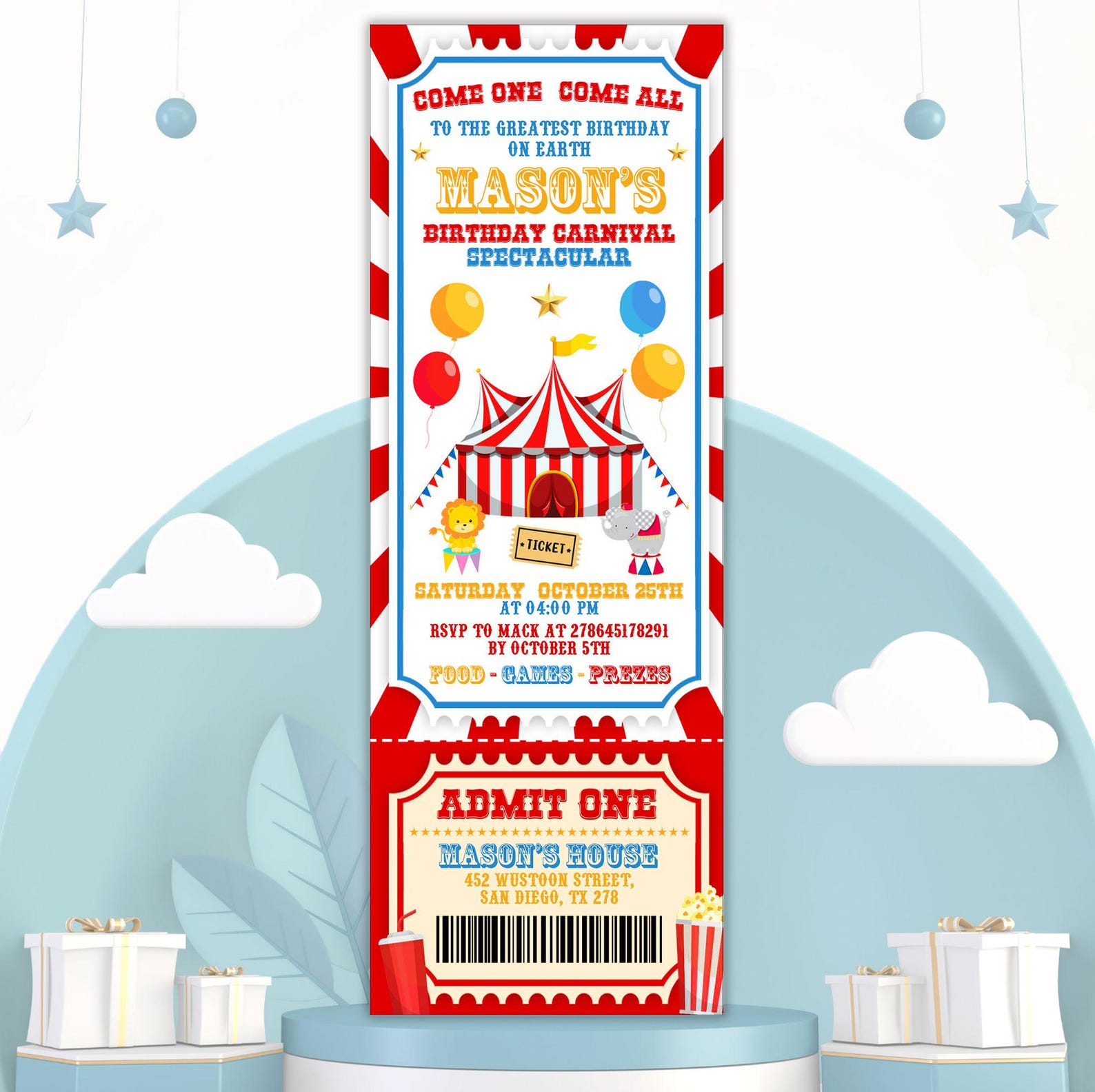Carnival Circus Ticket Invitation, Carnival Birthday Invitation, Cirus ...