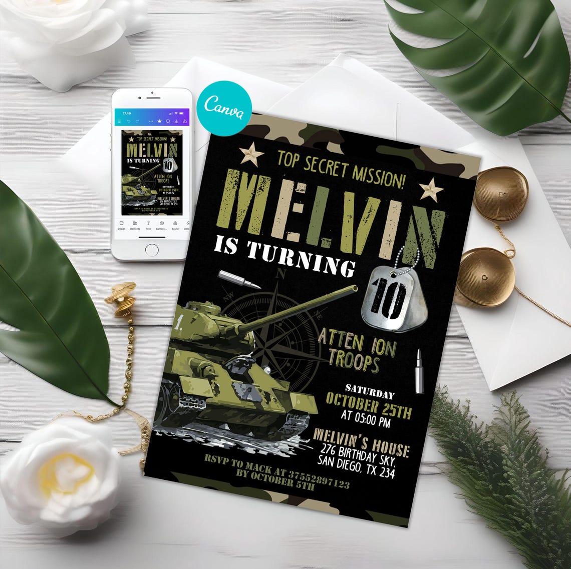 Editable Army Birthday Invitation, Military Party Invitation, Soldier ...