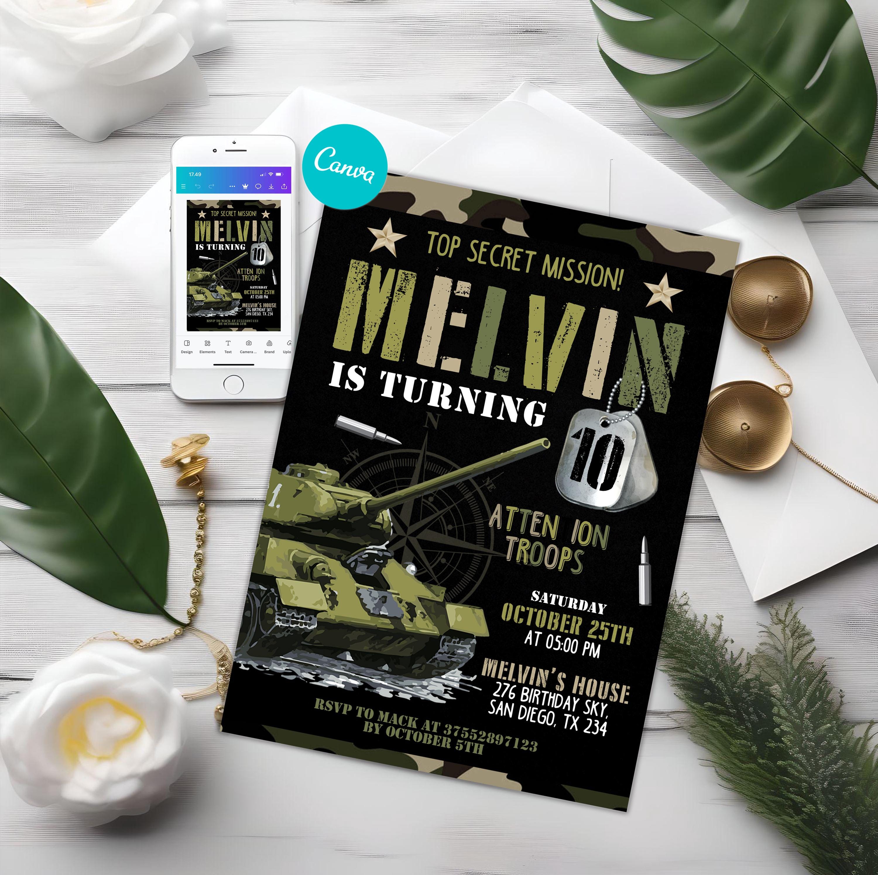 Editable Army Birthday Invitation, Military Party Invitation, Soldier ...