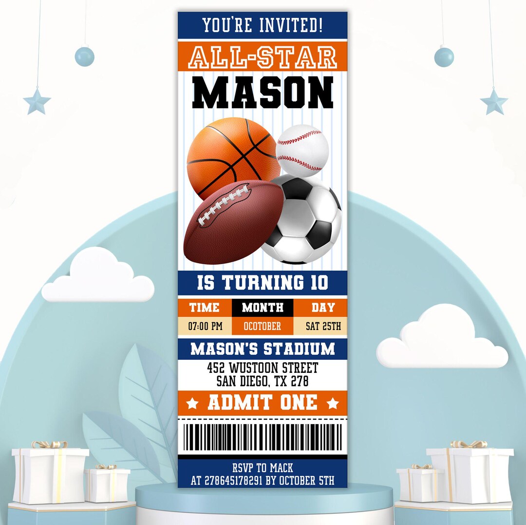 All Star Sport Ticket Invitation, Sports Birthday Invitation, Sports ...