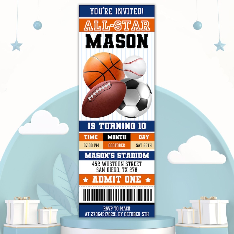 All Star Sport Ticket Invitation, Sports Birthday Invitation, Sports ...