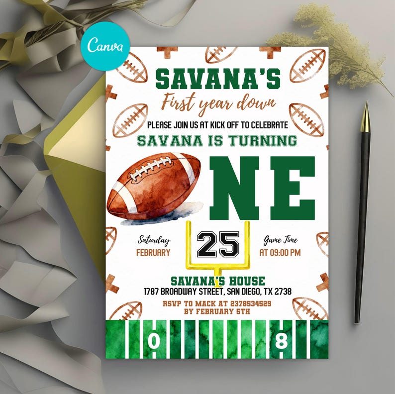 First Year Down Football Birthday Invitation, Watercolor Sports 1st ...