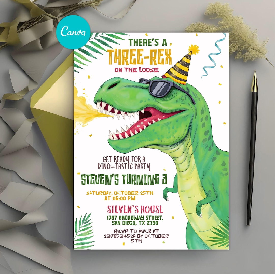 Three Rex Birthday Invitation, Editable Dino 3rd Birthday Invite, Boys ...