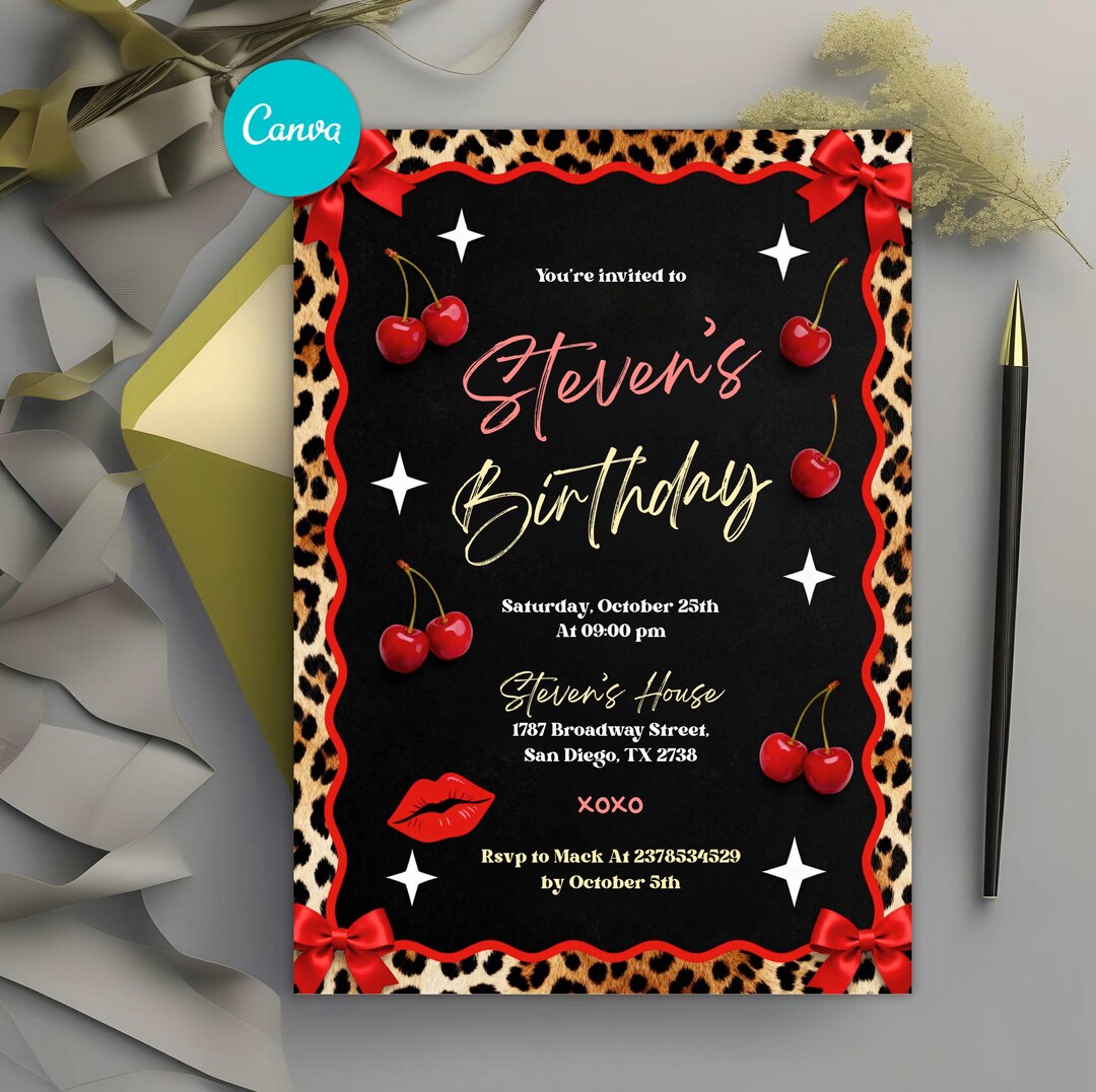 Cheetah Cherries Birthday Invitation Neon Pink Red Leopard, Glam Girls ...