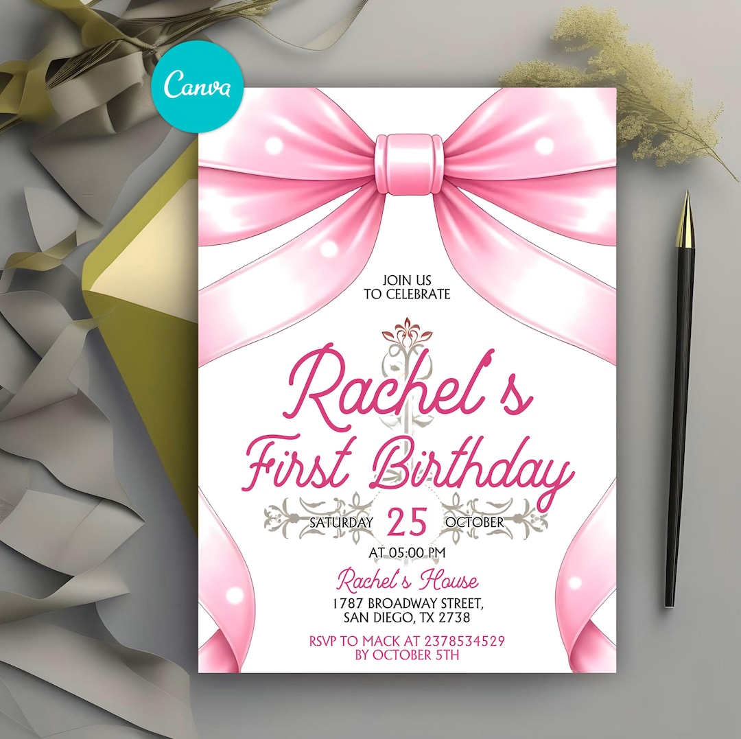 Pink Bow Birthday Invitation, 1st Birthday Girl Invite, Pink Coquette ...
