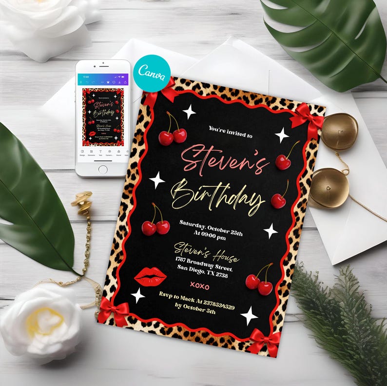 Cheetah Cherries Birthday Invitation Neon Pink Red Leopard, Glam Girls ...