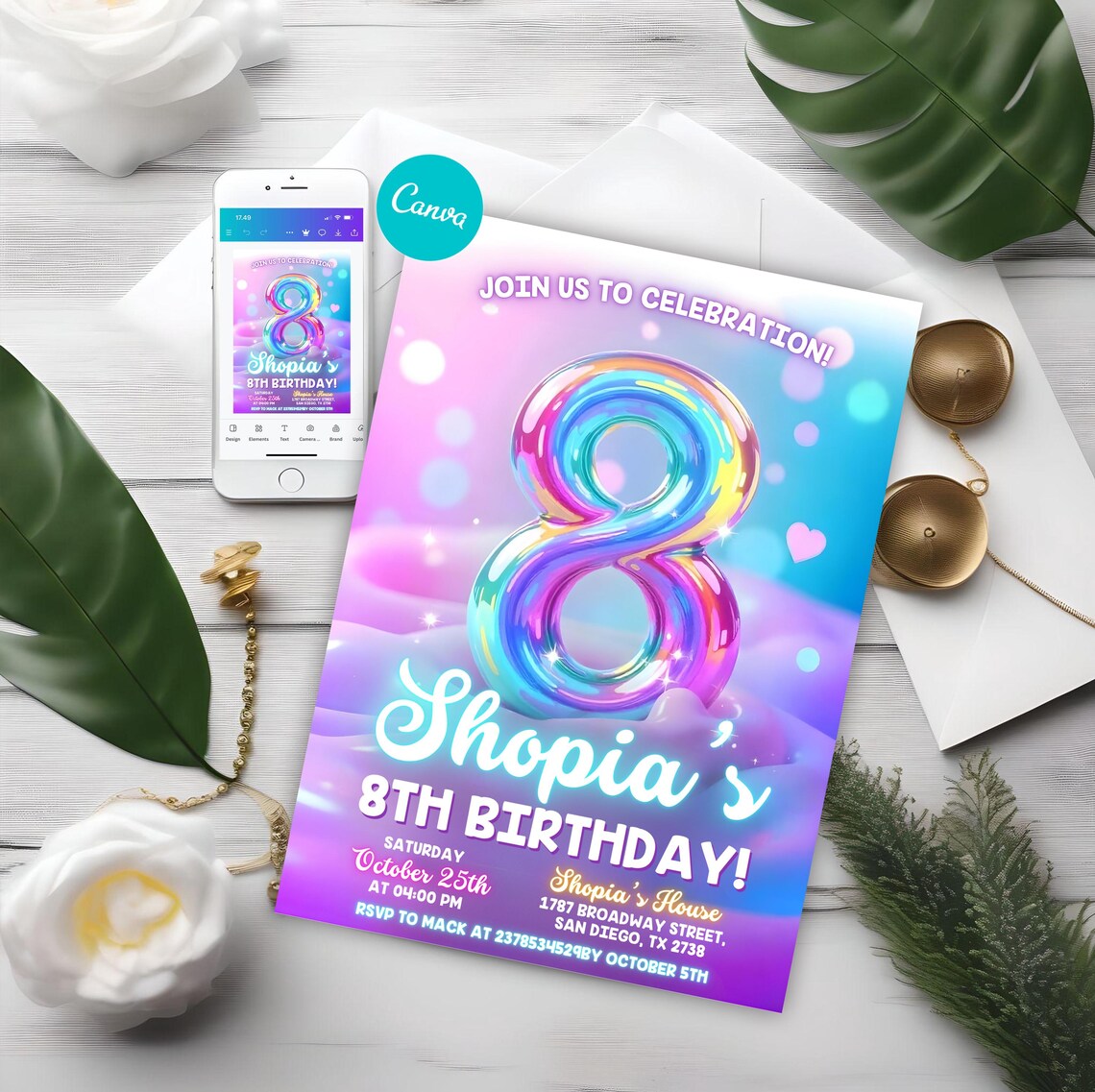 Pink 8th Birthday Invitation, Glitter Birthday Party, Editable 8th ...
