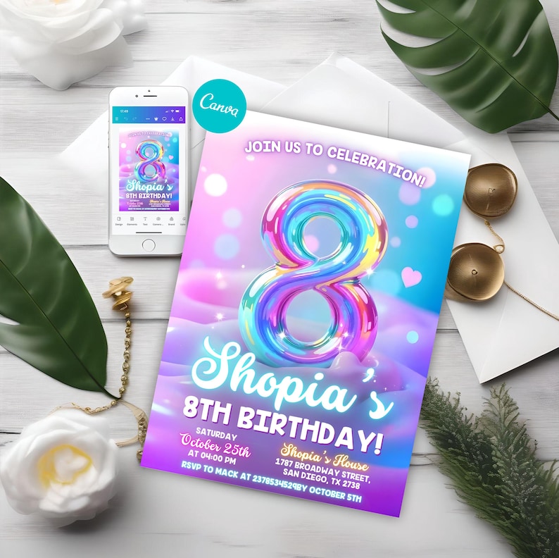 Pink 8th Birthday Invitation, Glitter Birthday Party, Editable 8th ...