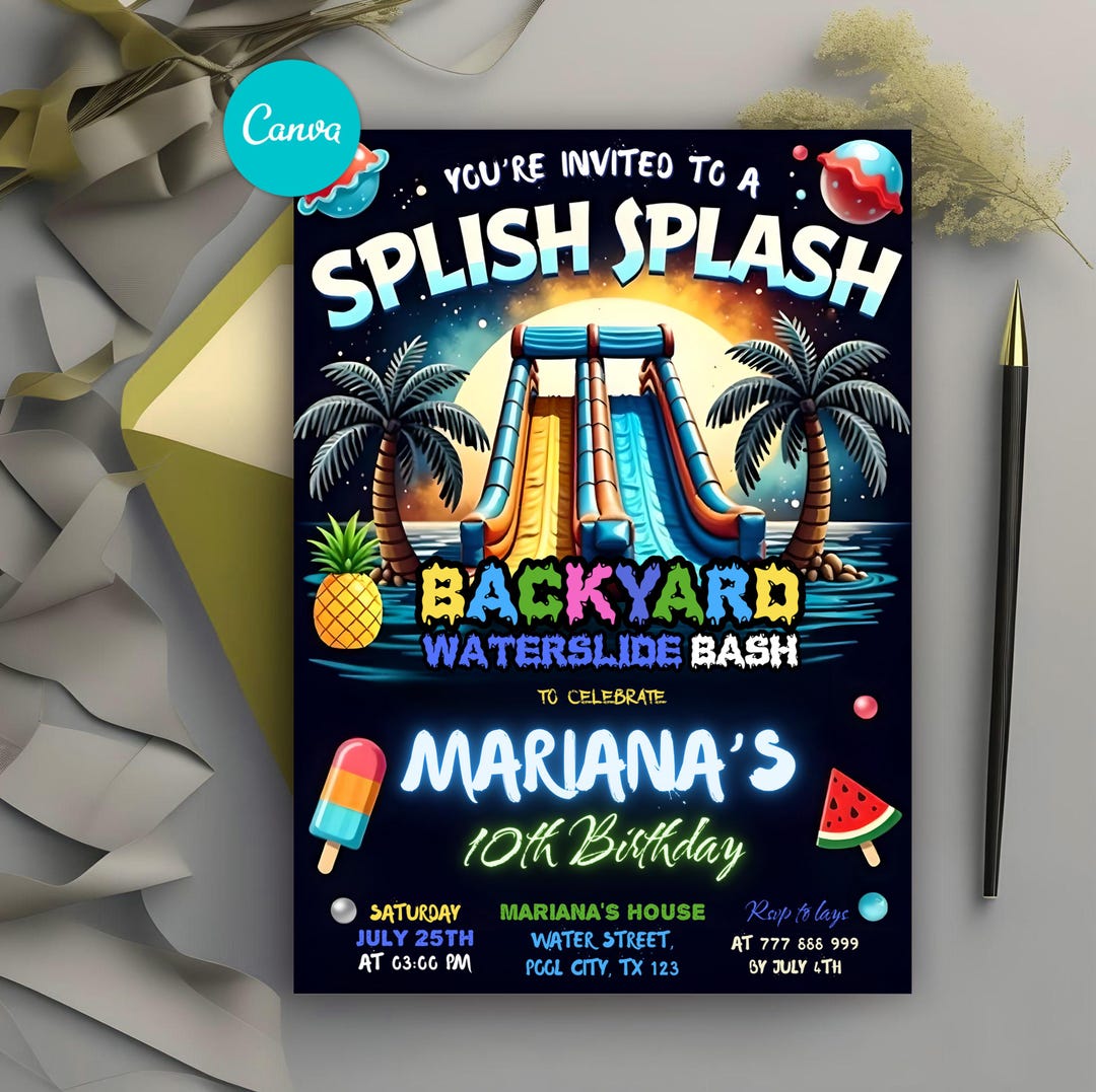 Editable Waterslide Birthday Invitation, Summer Pool Party, Boy Girl ...