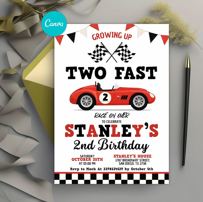Two Fast Birthday Invitation | Race Car Party Invite | Editable Digital ...