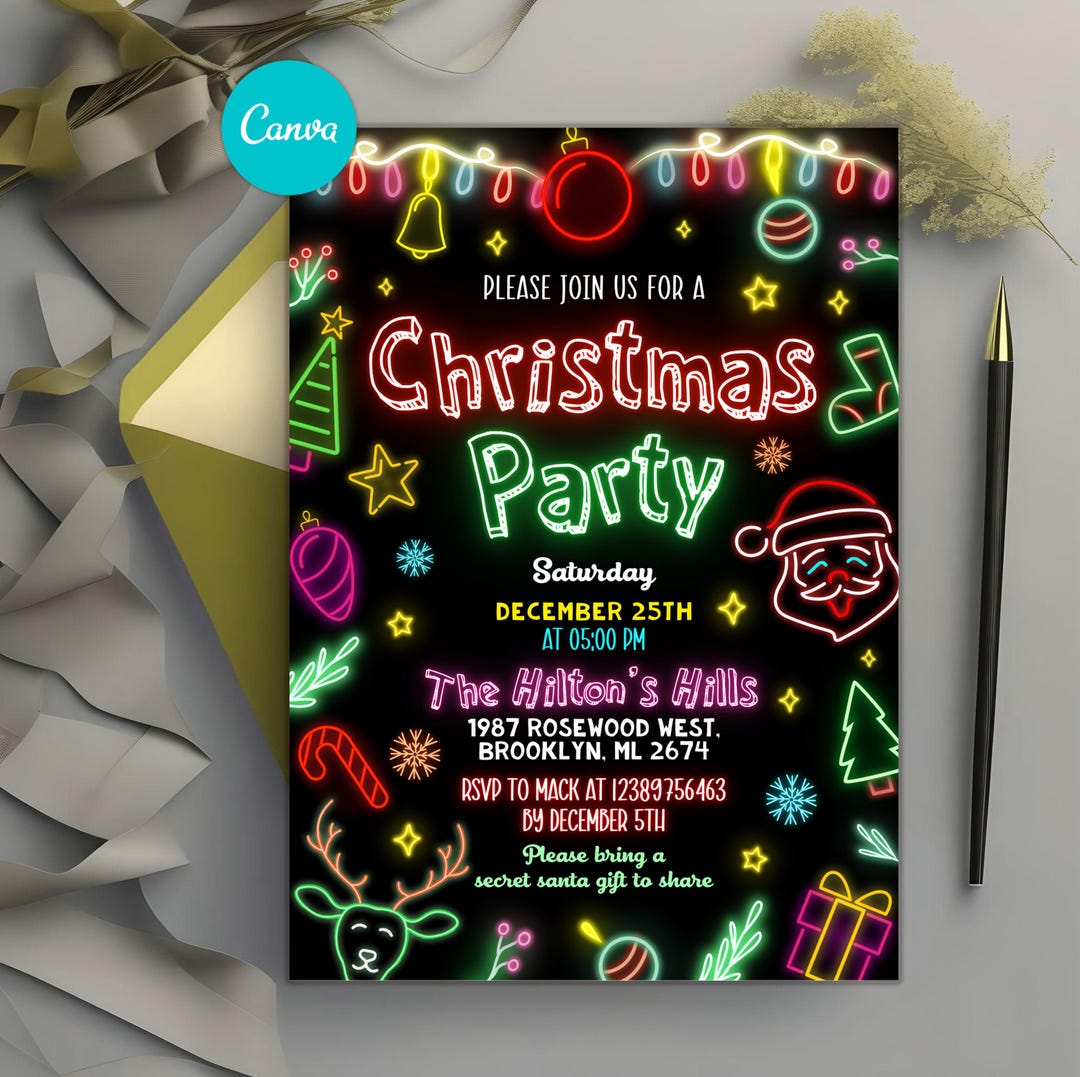Neon Christmas Party Invitation, Neon Glow Christmas Party Invite, Xmas ...