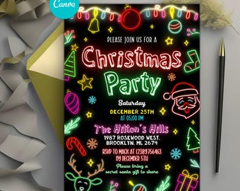 Editable Neon Christmas Party Invitation, Glow Christmas Party Invite ...