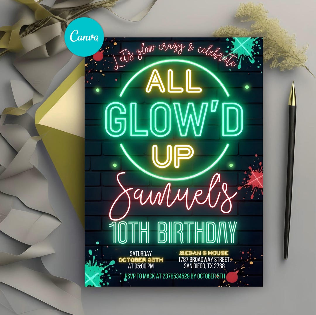 Editable Glow Party Birthday Invitation, Neon Party Invite, Glow Gender ...