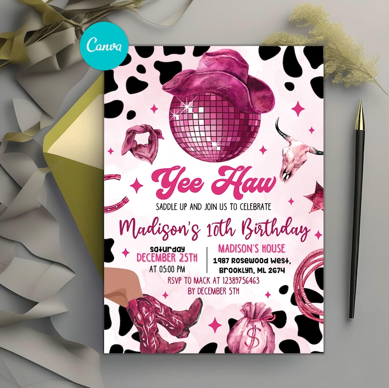 Editable Pink Cowgirl Birthday Party Invitation, Disco Rodeo Party ...