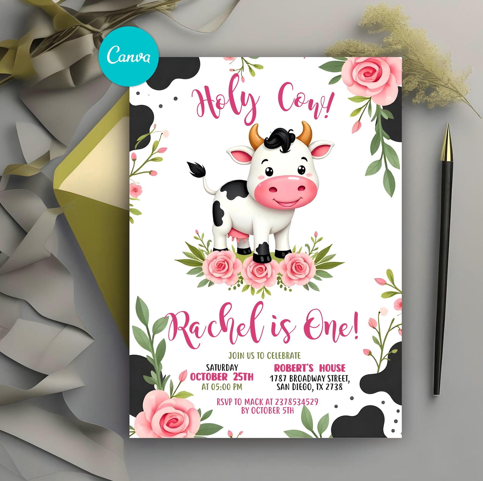 Editable Holy Cow Birthday Invitation Template, 1st Birthday Invitation ...