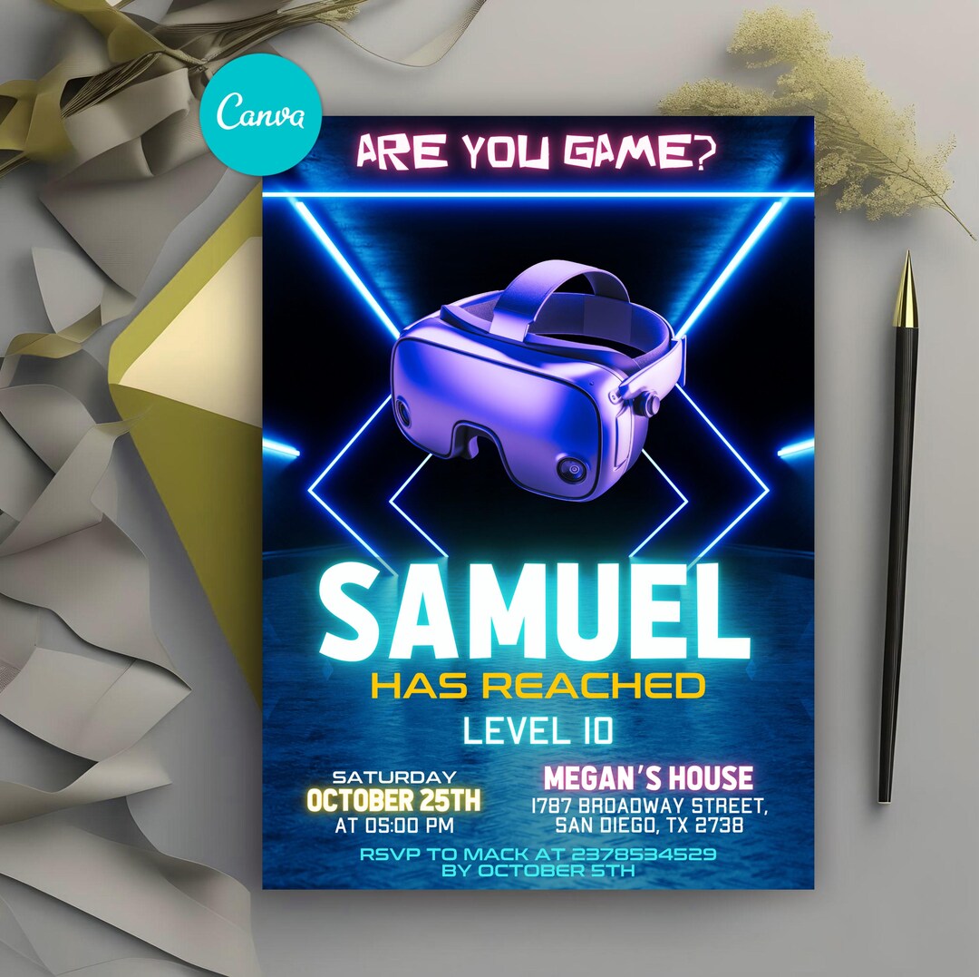 Virtual Reality Birthday Invitation, VR Birthday Invitation, Gamer Boy ...