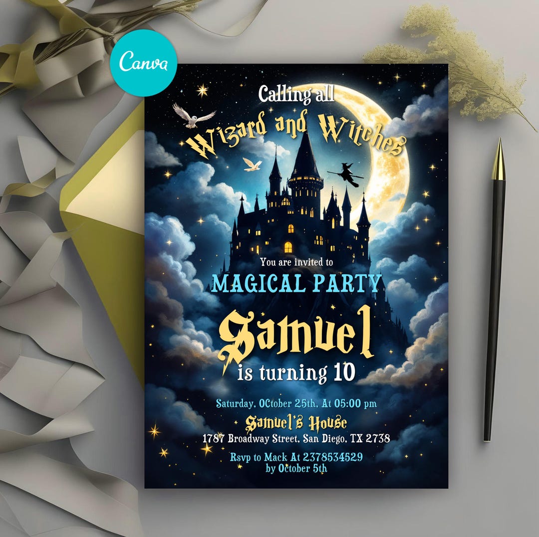 Wizards Witches Birthday Invitation, Magic Wizardry Castle Birthday ...