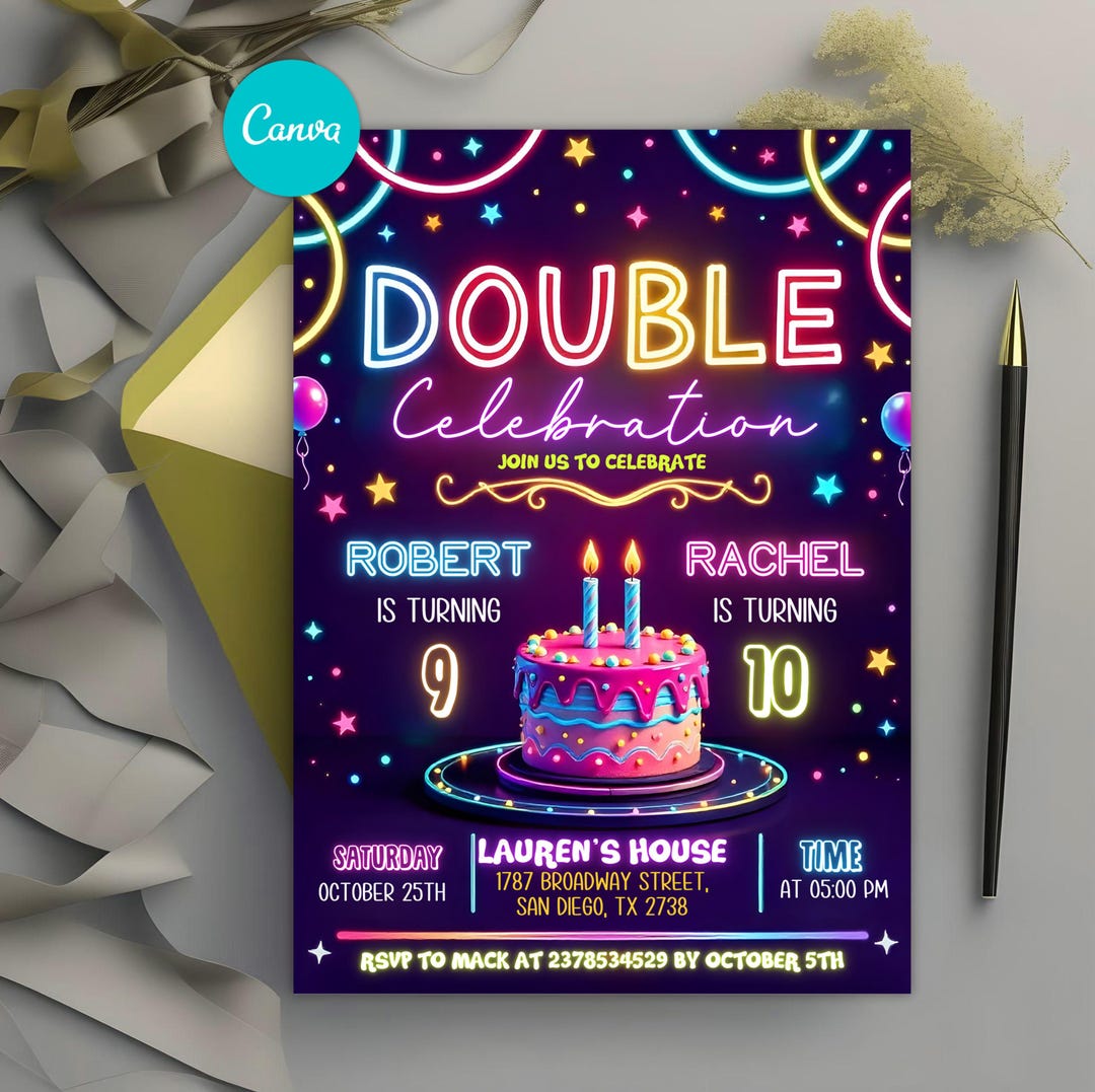 Double Birthday Invitation, Neon Joint Party Birthday Invitation ...