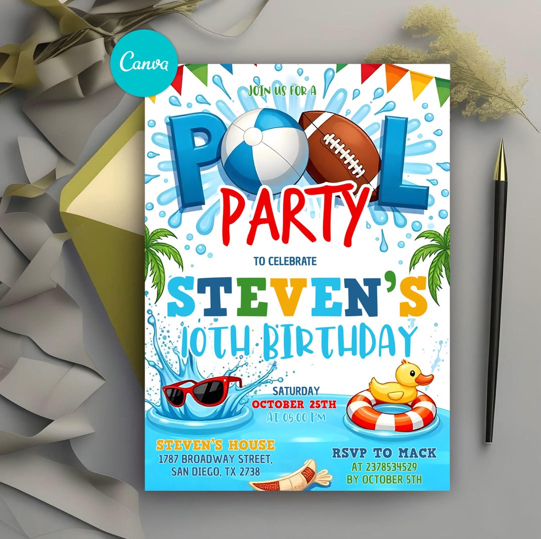 Editable Pool Party Birthday Invitation, Summer Birthday Party Invite ...