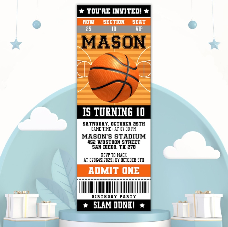 Basketball Birthday Party Invitation, Sports Ticket Invitation, Any Age ...