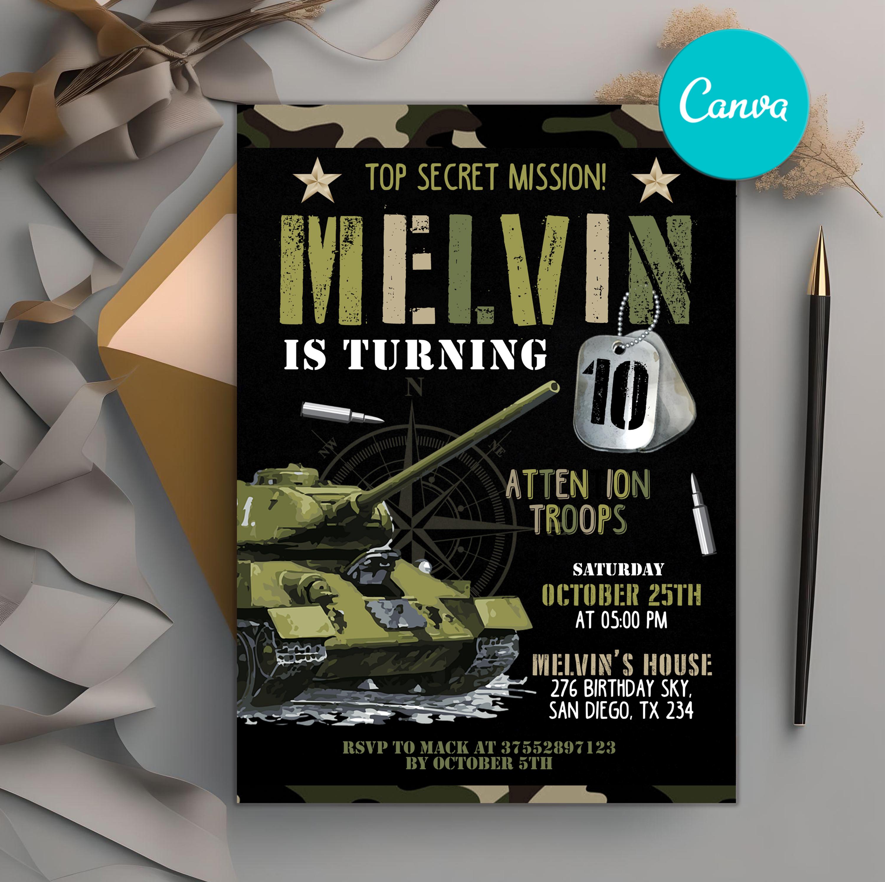 Editable Army Birthday Invitation, Military Party Invitation, Soldier ...