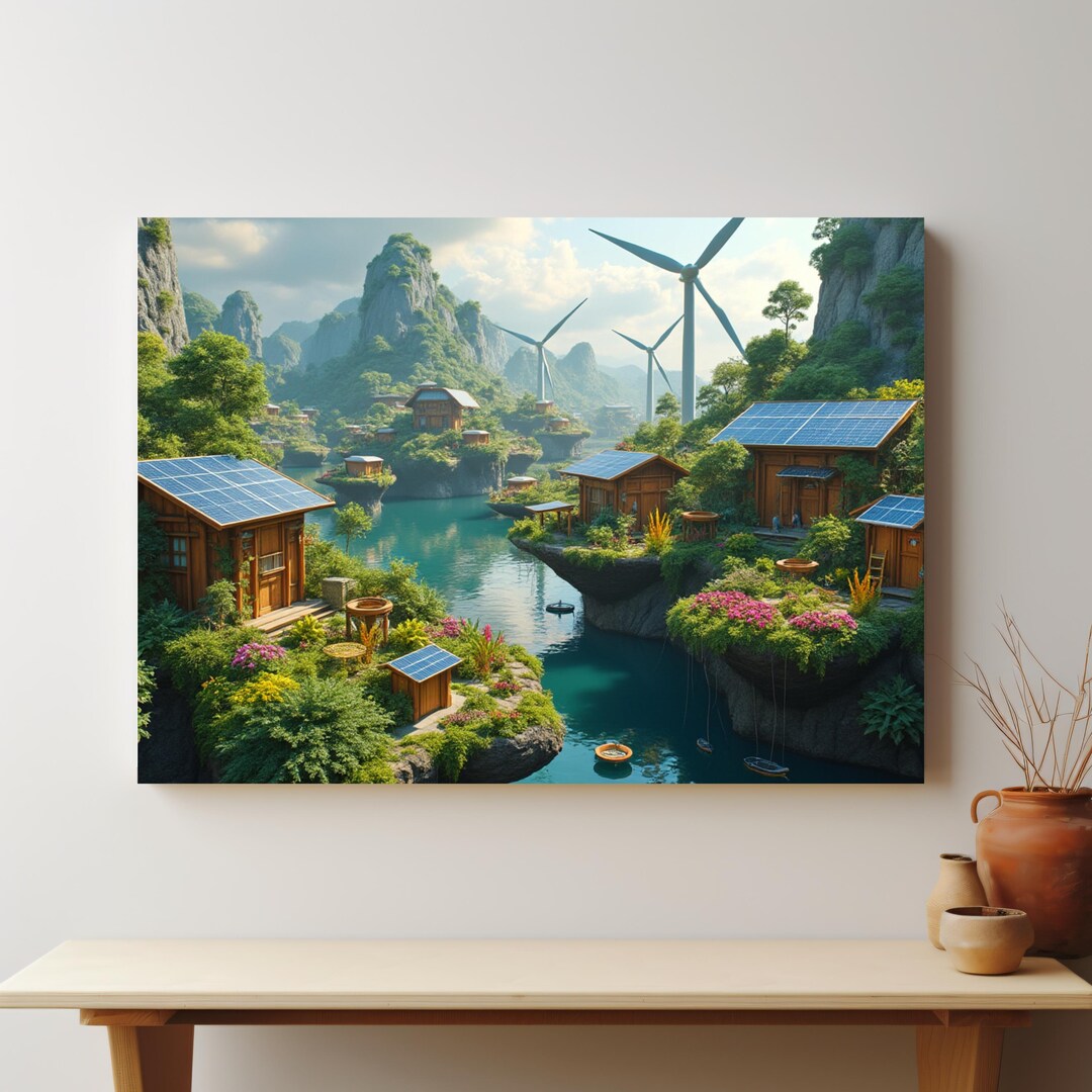Solarpunk Eco Village in Coastal Art Print Sustainable Living Canvas ...