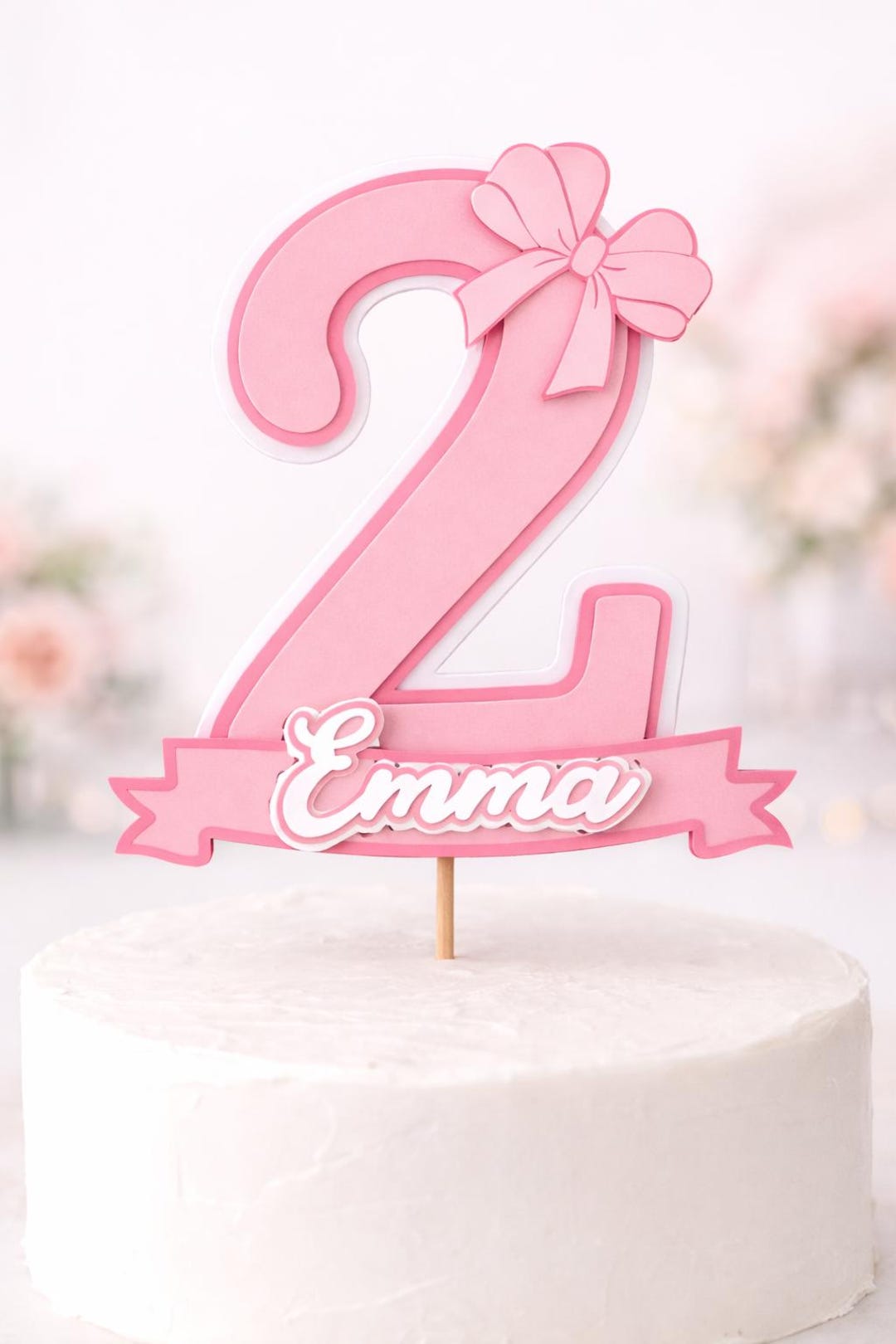 Pink Number 2 Cake Topper With Bow, Personalized Name, Girl 2nd ...